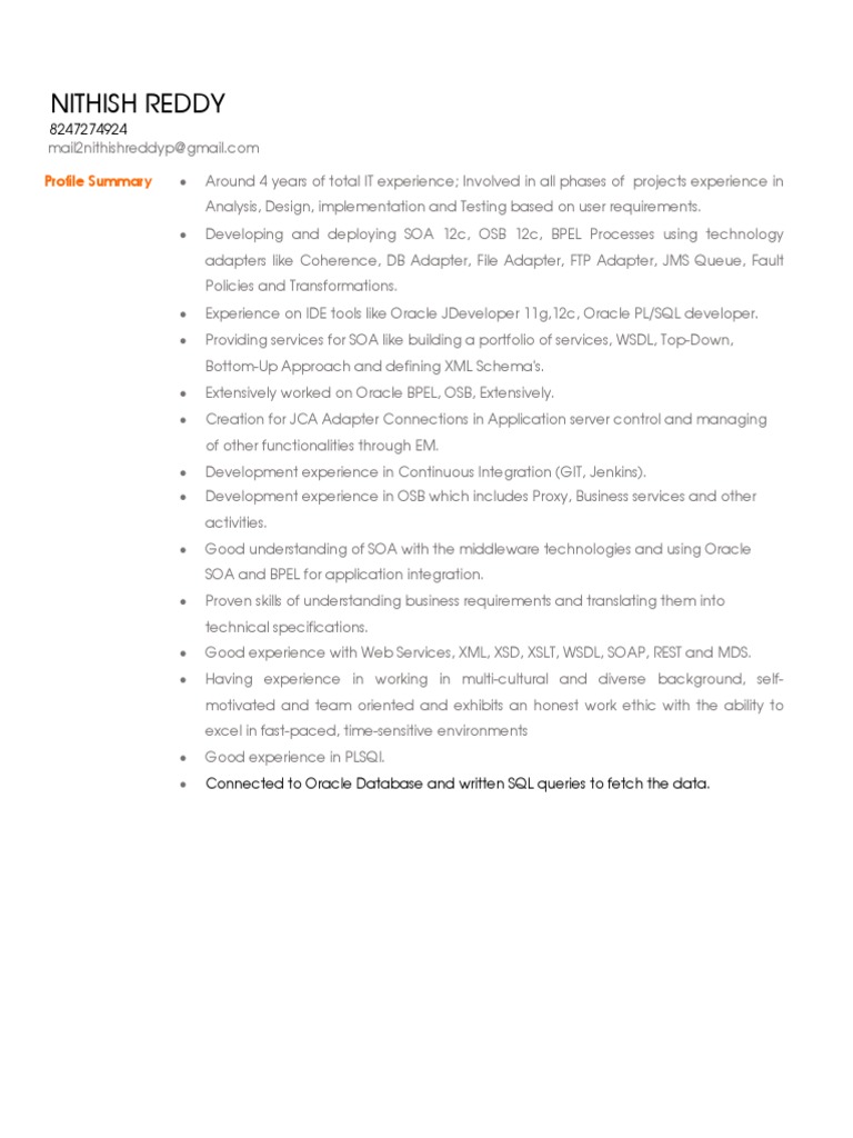 Oracle SOA - OSB - Nithish Reddy - 4years | PDF | Web Service | Service Oriented Architecture
