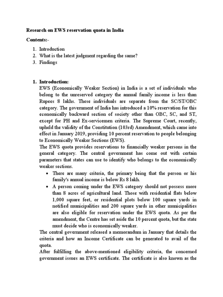 Research On EWS Reservation Quota in India | PDF