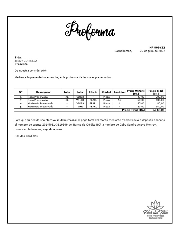 Proforma #809 - Jenny Zorrilla | PDF