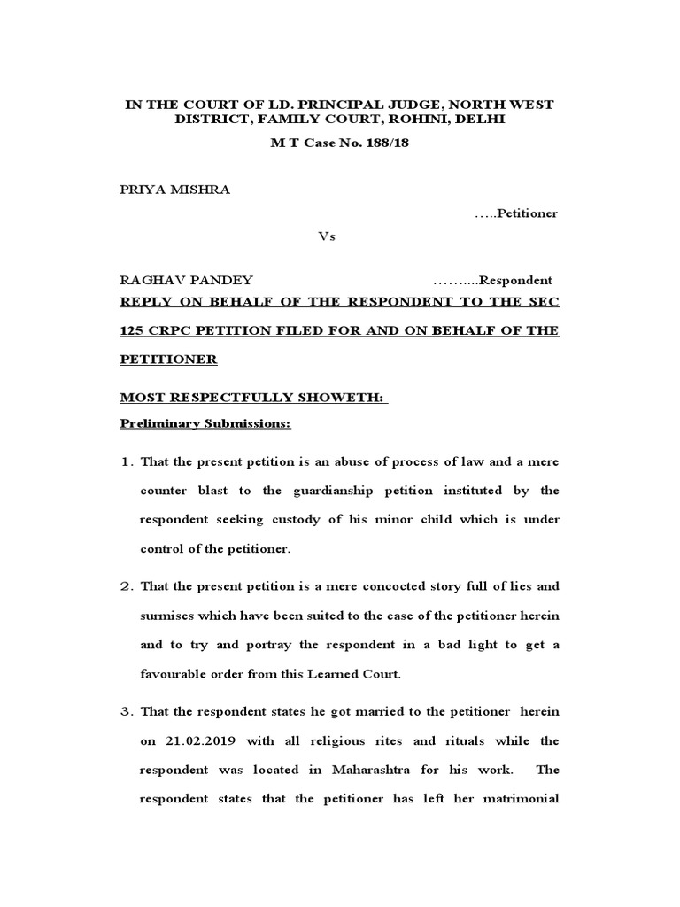 Reply Sec 125 CRPC | PDF | Affidavit | Complaint