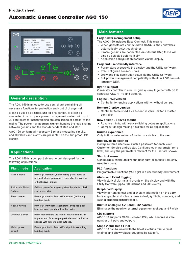 Agc 150 Product Sheet 4189341187 Uk | PDF | Mains Electricity | Programmable Logic Controller