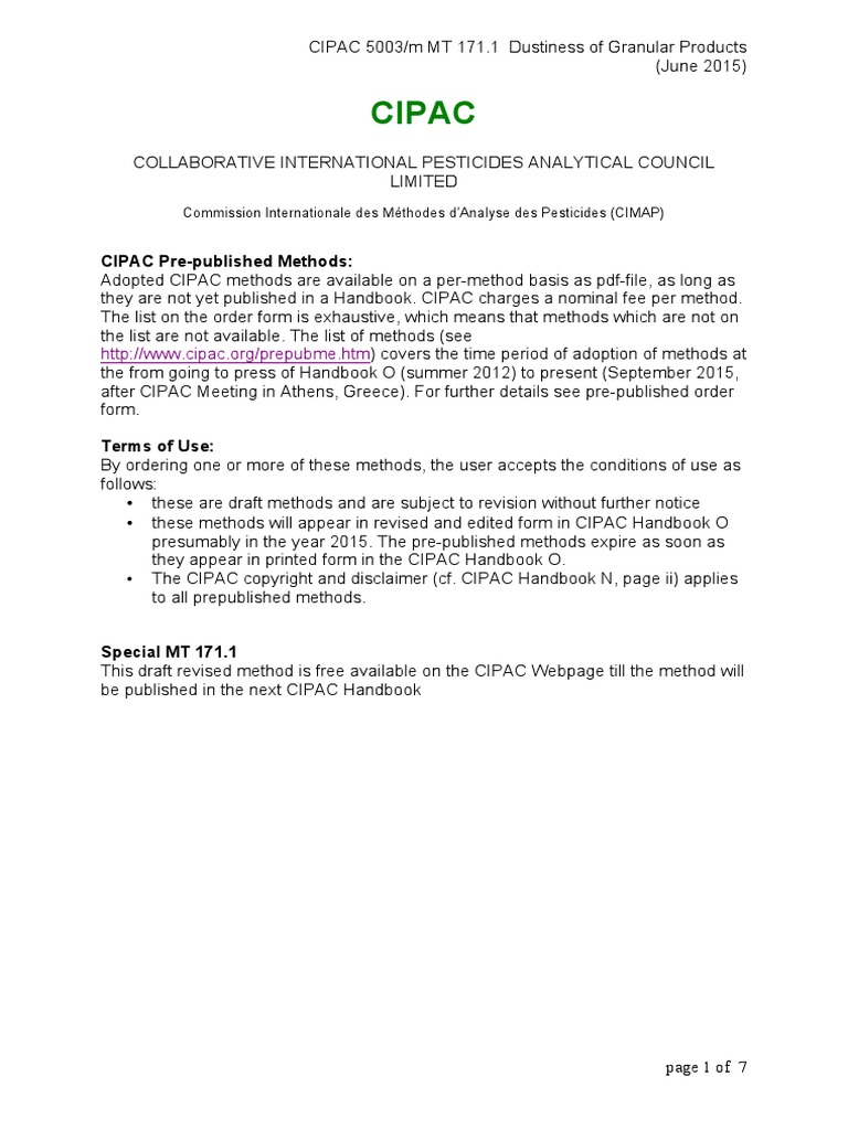 CIPAC - MT 171 - 1 Dustiness of Granular Products 2015 | PDF | Dust | Weight
