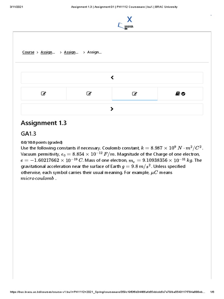 Assignment 1.3 - Assignment 01 - PHY112 Courseware - BuX - BRAC ...