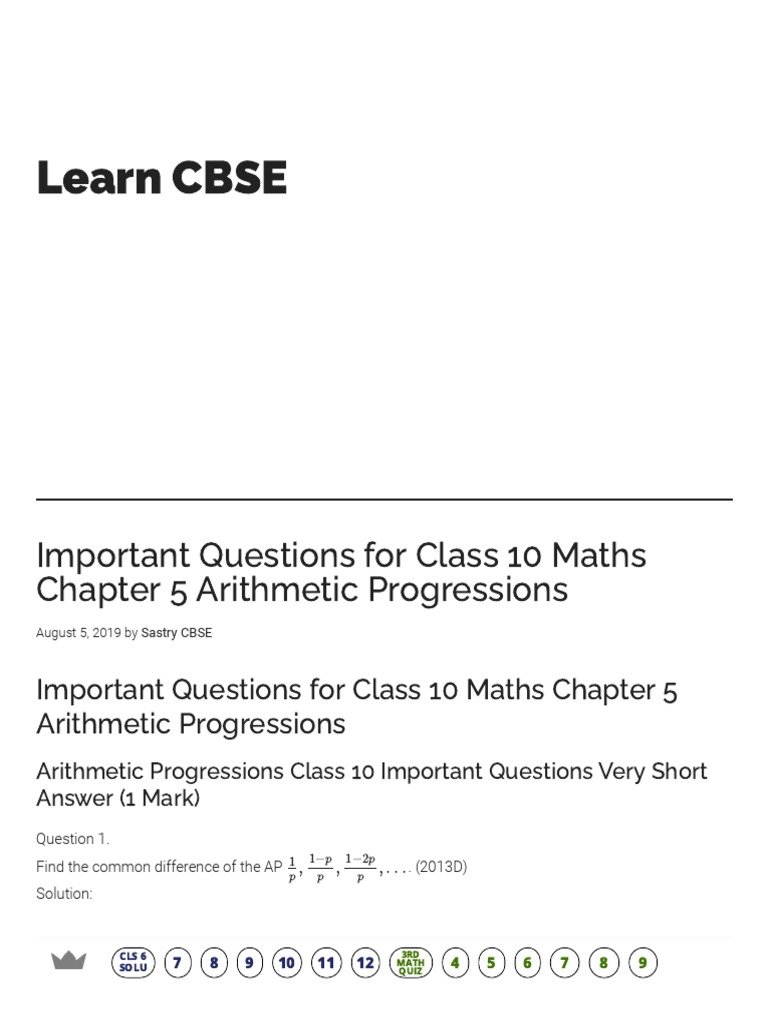 Important Questions For Class 10 Maths Chapter 5 Arithmetic Progressions - Learn CBSE | PDF ...