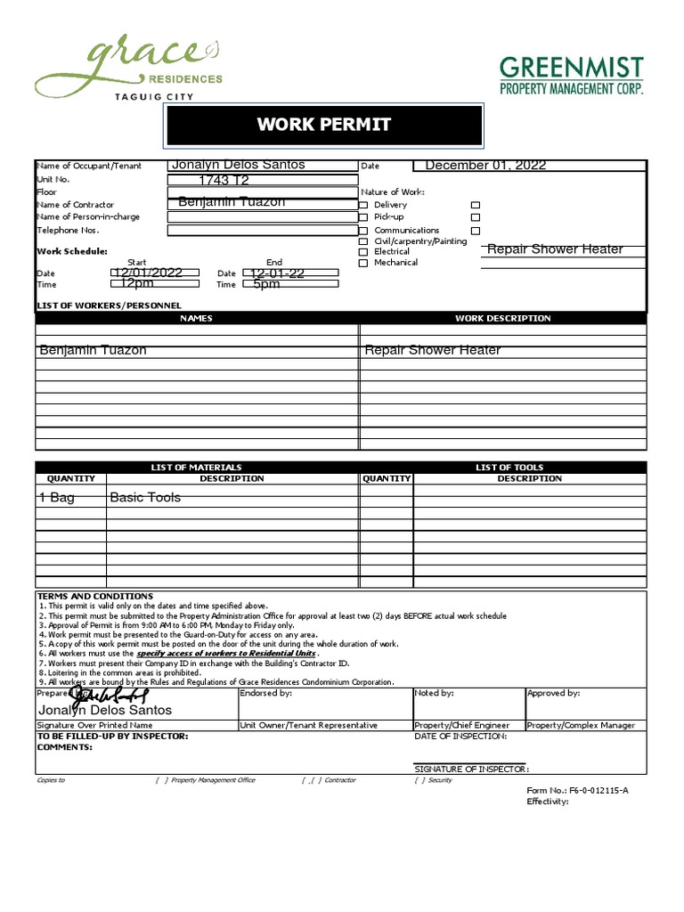 F6-0-012115-A-Work Permit | PDF | General Contractor | Real Estate