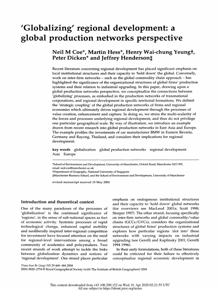 COE, Neil. Et Al. 'Globalizing' Regional Development | PDF ...