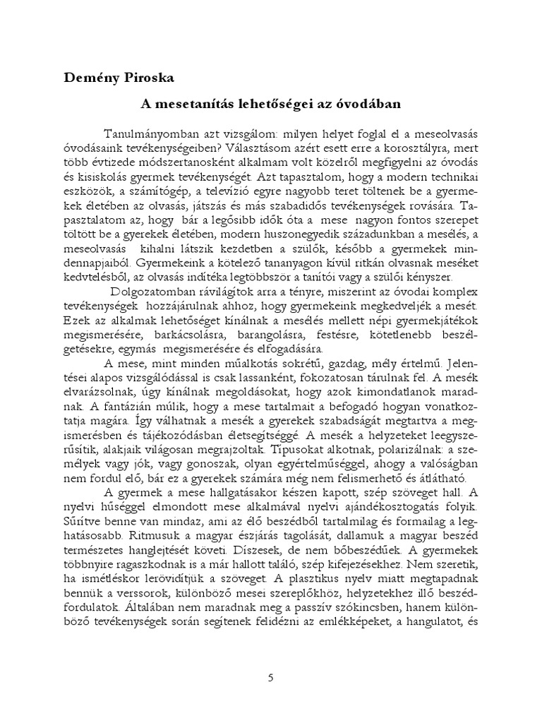 Demény Piroska - A Mesetanítás Lehetőségei Az Óvodában | PDF