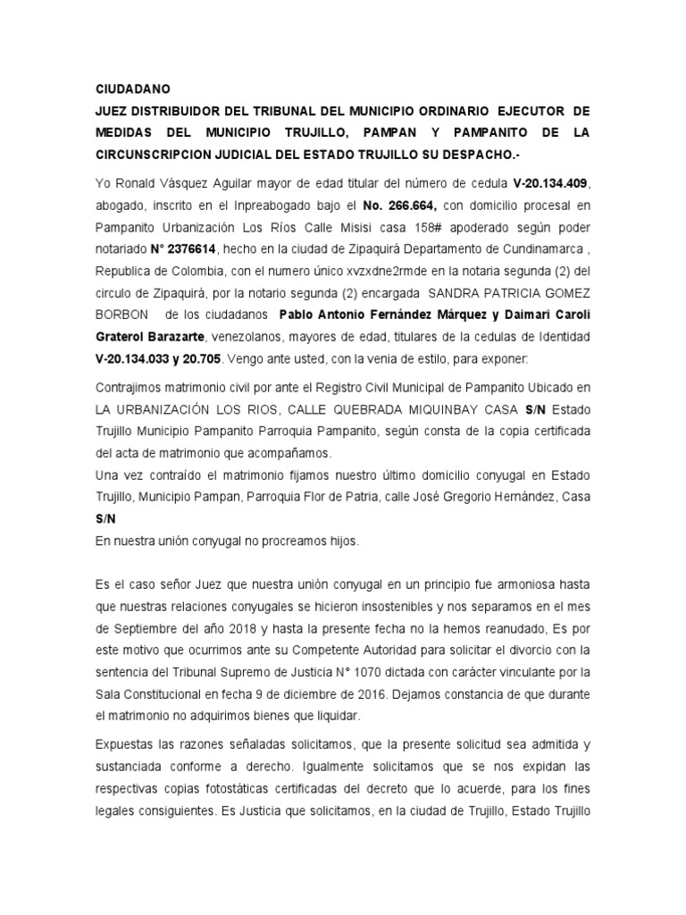 Modelo De Divorcio De Mutuo Acuerdo En Venezuela Pdf Divorcio