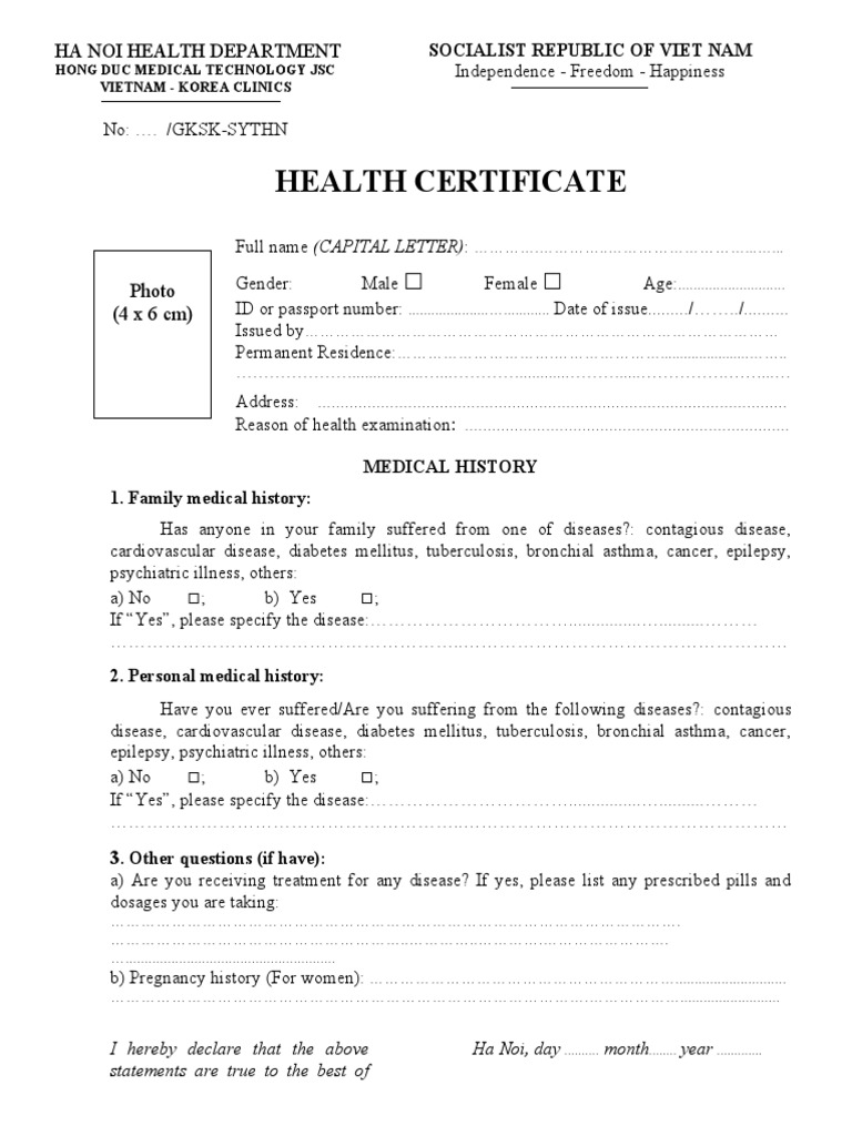 Health Certificate Template Vietnam | PDF | Epidemiology | Medical Specialties