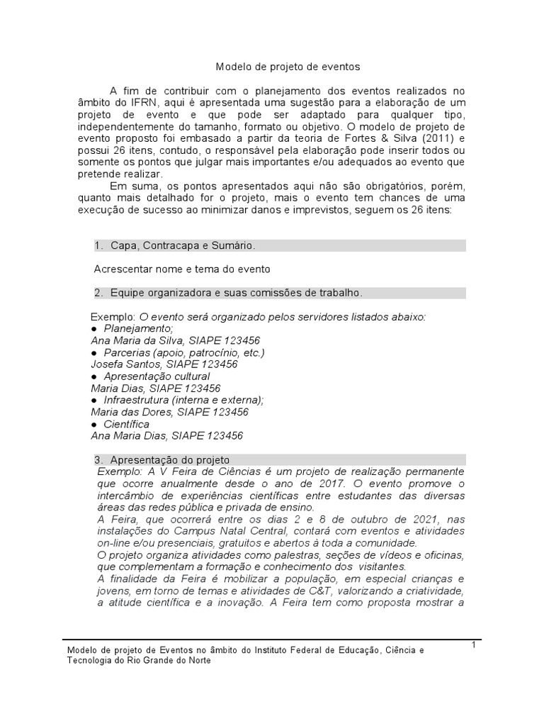 Modelo de Projeto de Eventos | Download grátis PDF | Science | Gestão ...