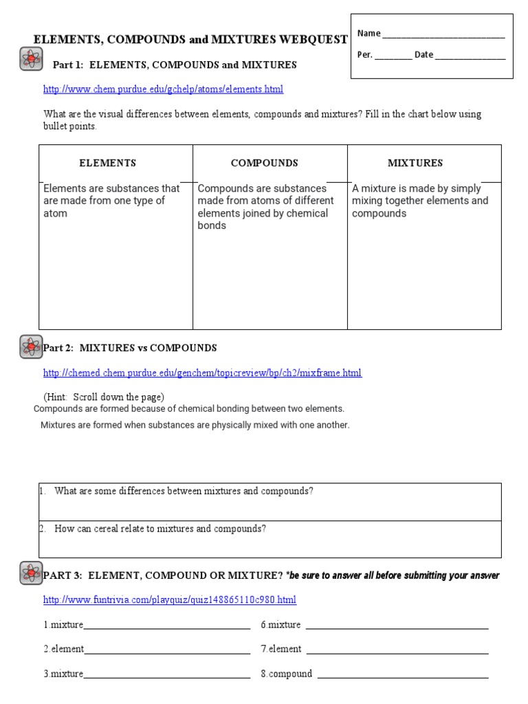 ELEMENT WEBQUEST R | PDF | Mixture | Chemical Compounds