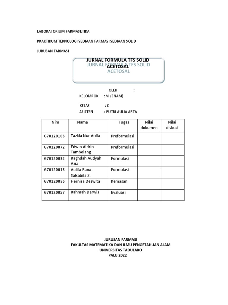 Rancangan Formula Tablet Acetosal 500 mg | PDF