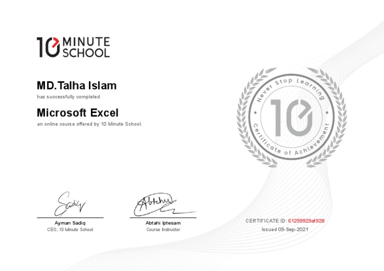 MD - Talha Islam Microsoft Excel: Has Successfully Completed | PDF ...