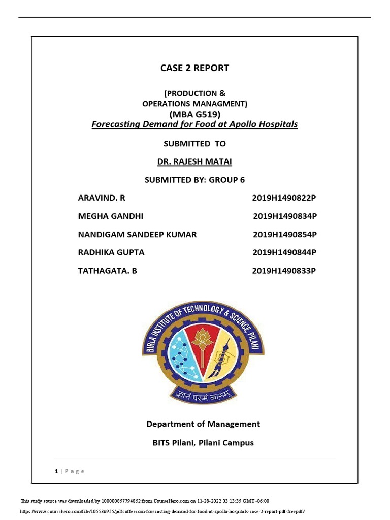 Forecasting Demand For Food at Apollo Hospitals Case 2 Report PDF Free ...