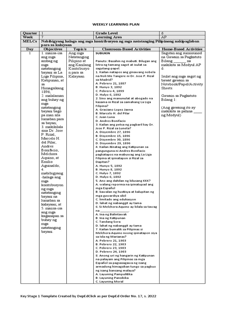 Weekly Learning Plan: Subukin | PDF