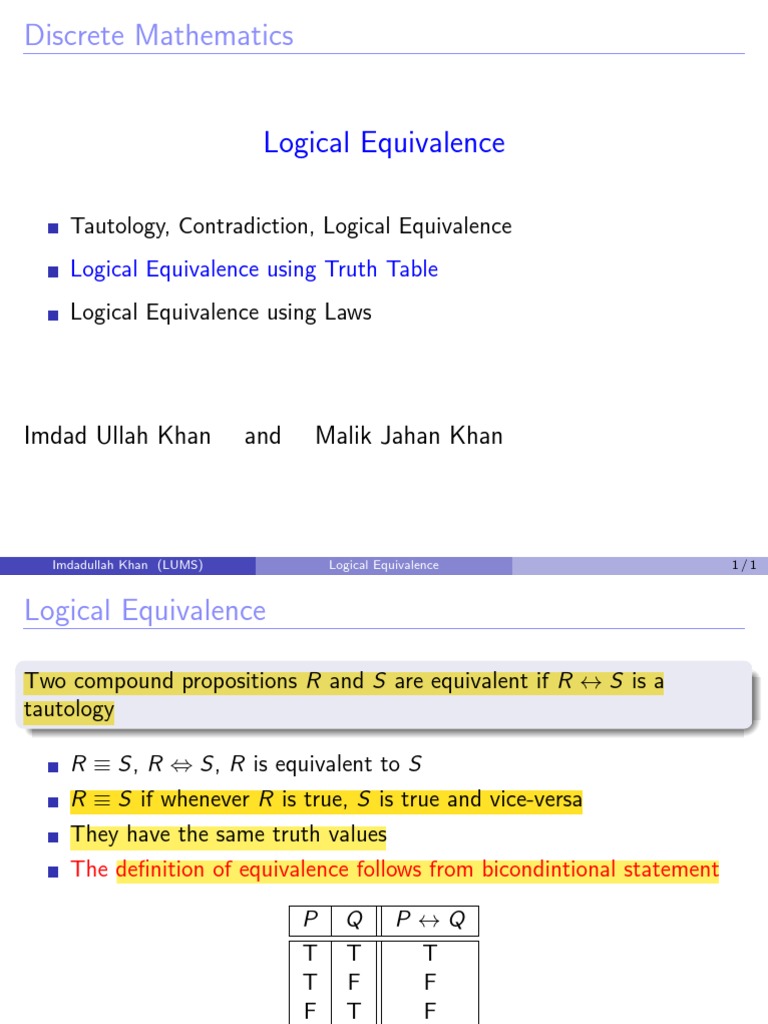CS210 Slides 02 02 Logic Equivalence TruthTables | PDF | Mathematical Logic | Logical Expressions