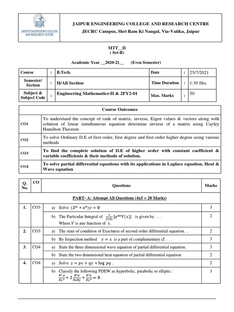 MTT II - Engineering Mathematics - Set B | PDF | Partial Differential ...