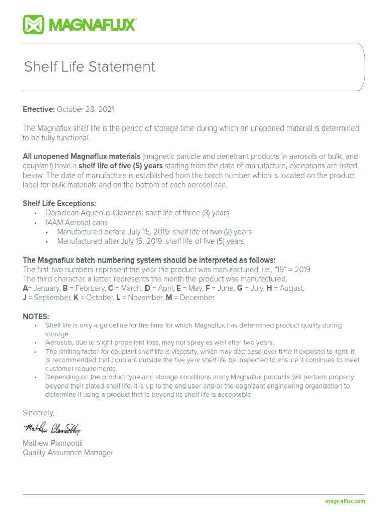 Magnaflux Shelf-Life-Statement English | PDF