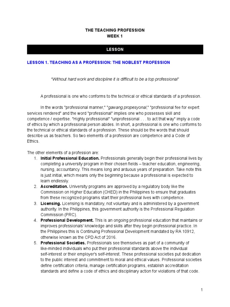 Wk1 - The Noblest Profession | PDF | Teachers | Profession