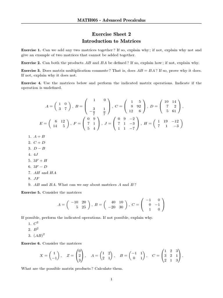 TD Sheet 2 MATH005 | PDF | Matrix (Mathematics) | Linear Algebra