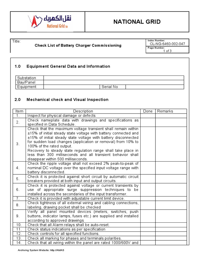CL-NG-6460-002-047 Checklist For Battery Charger Rev00 | PDF | Battery ...