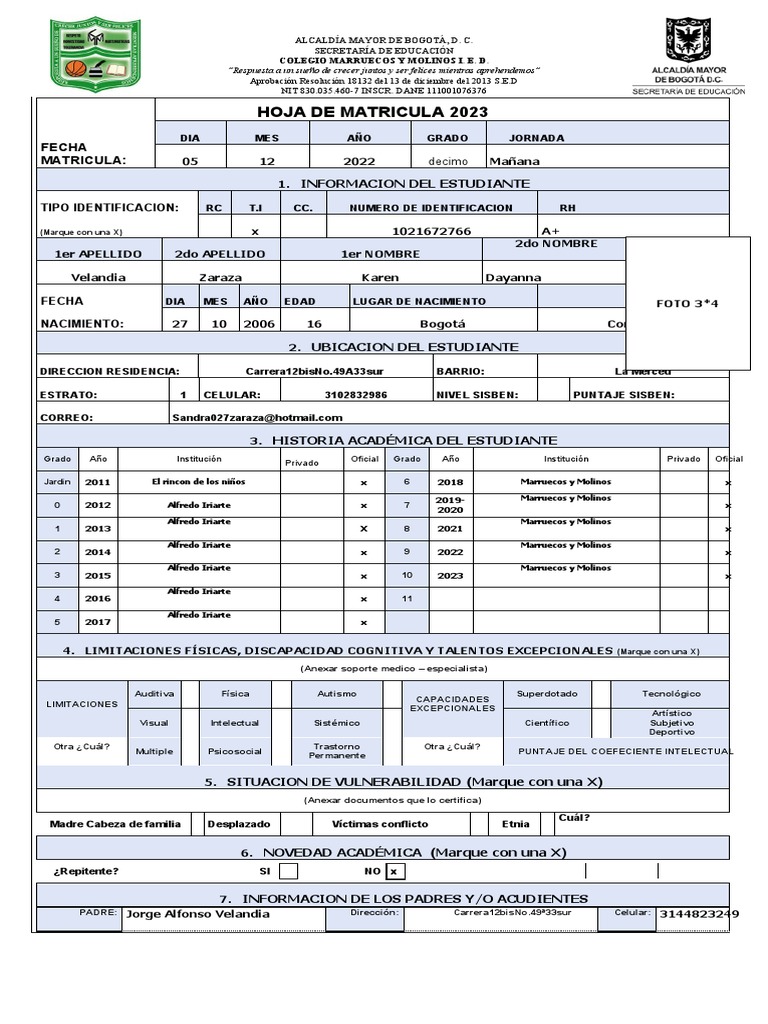 Hoja de Matricula Ano 2023-1-1 (1) | PDF