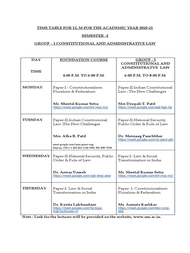LL.M Semester I Timetable 2020-21 | PDF | Ethical Principles | Government