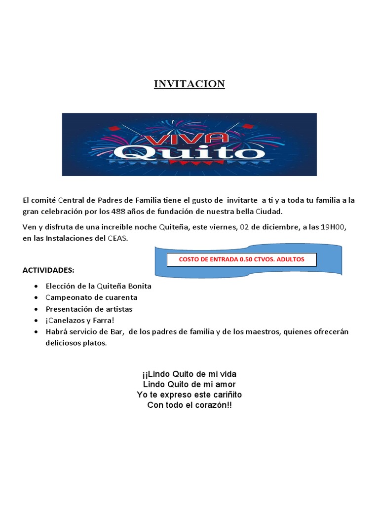 Invitación a las Fiestas de Quito 2023 | PDF