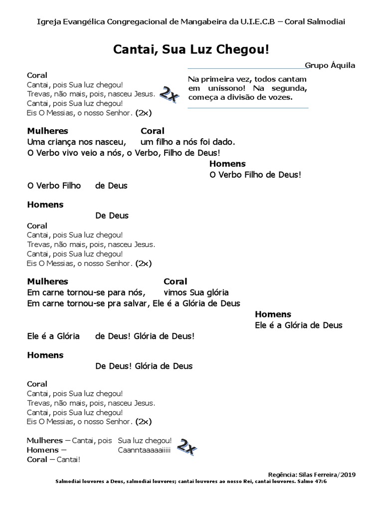 01 - Cantai, Sua Luz Chegou Letra | PDF