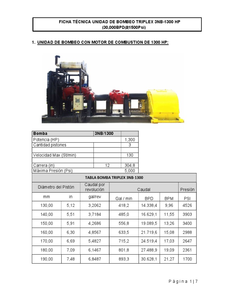 Ficha Técnica UBT 3NB-1300 HP 30000 BPD A 1500 PSI | PDF | Bomba | Motor de combustión interna
