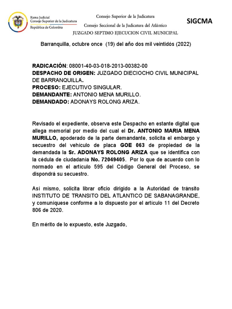 2013-00382-j18 Embargo y Secuestro de Vehiculo | PDF