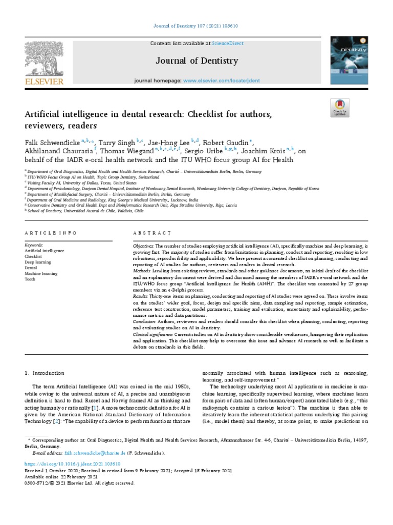 Artificial Intelligence in Dental Research - Checklist For Authors ...