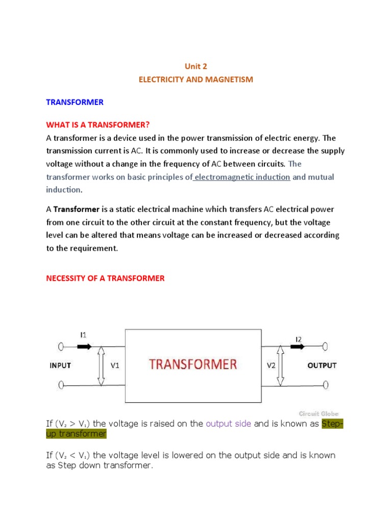 UNIT 2-Electricity and Magnesium | Download Free PDF | Transformer | Inductor