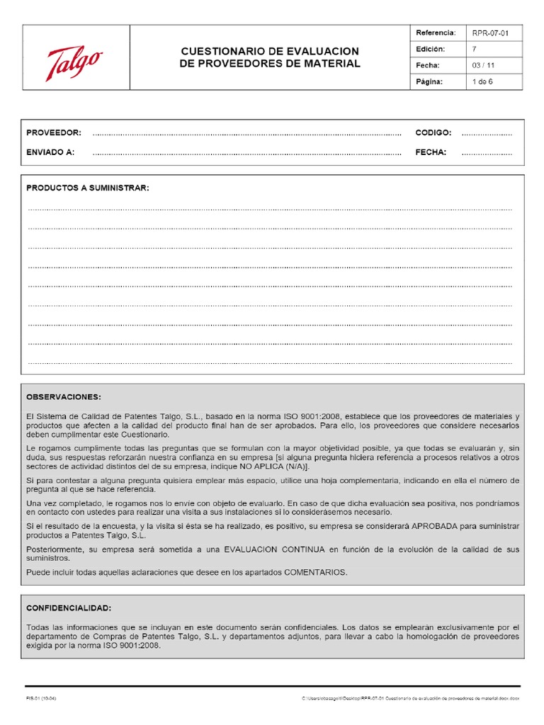 Cuestionario de Evaluacion de Proveedores de Material - PDF | PDF Cuestionario de Evaluacion de Proveedores de Material - PDF | PDF