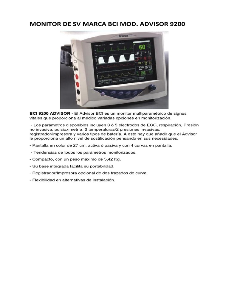 Monitor BCI Advisor 9200: Signos Vitales | PDF