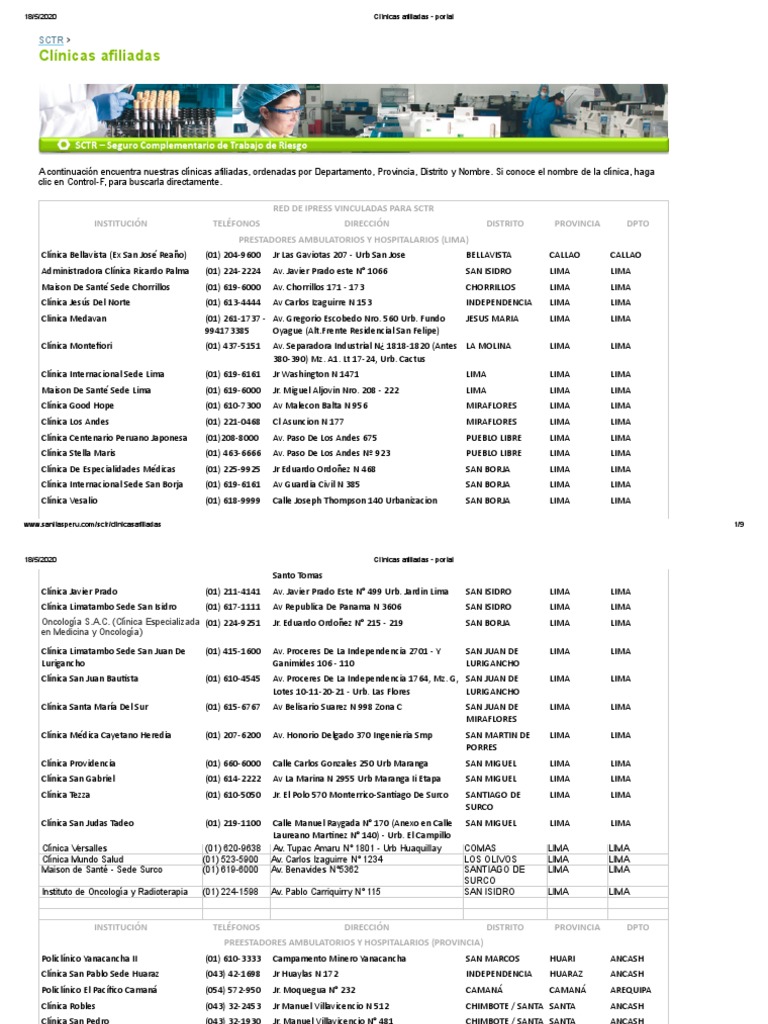 Clínicas Afiliadas SCTR Perú | PDF | Lima