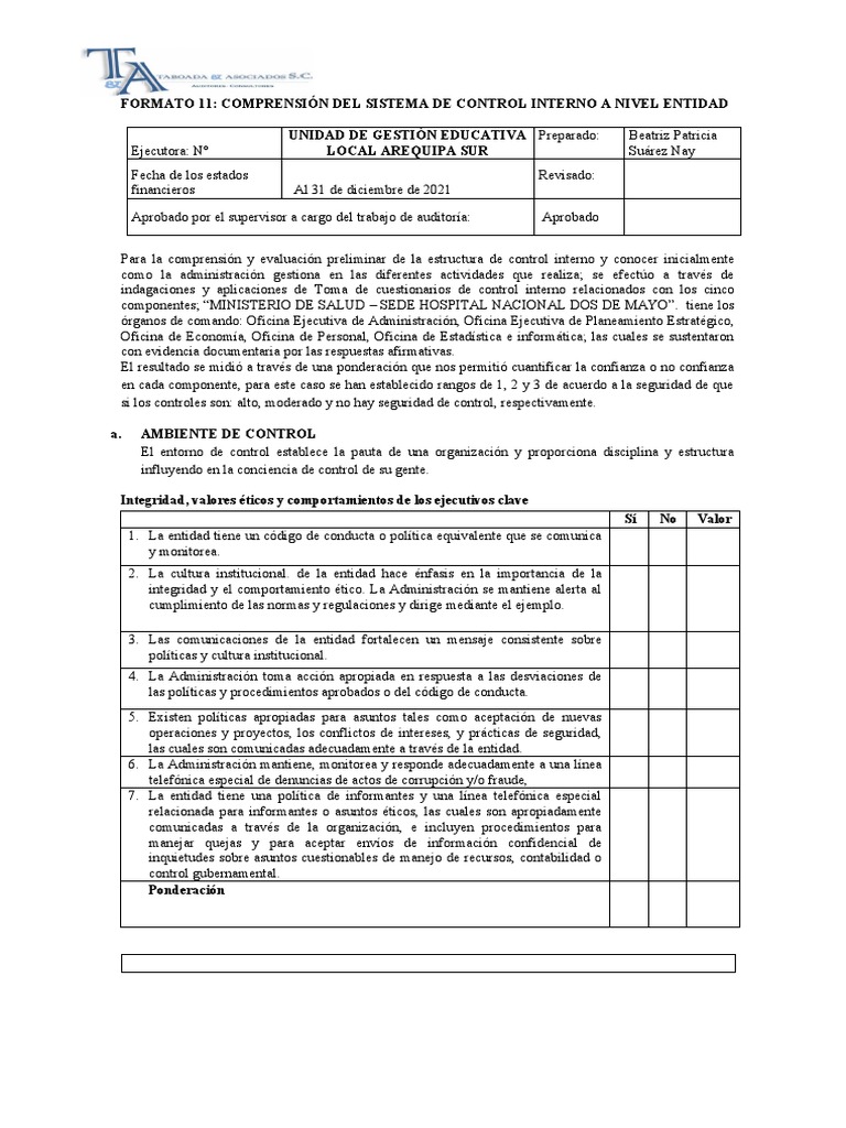 Formato 11 - Comprensión Del Sistema de Control Interno | PDF ...
