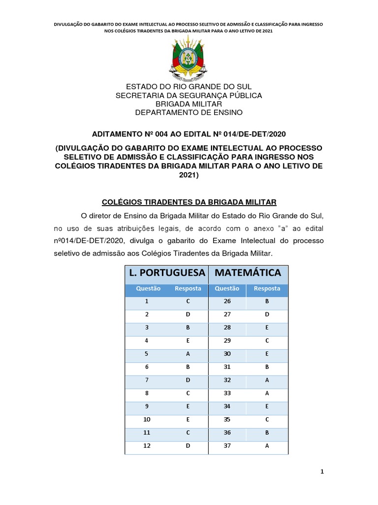 2020 Gabarito CTBM Portugues e Matematica | PDF