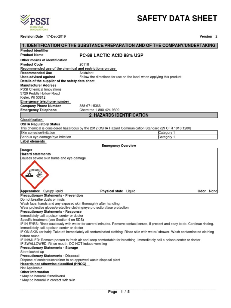 PC 88 Lactic Acid 88 USP SDS 12 17 19 | PDF | Superfund | Toxicity