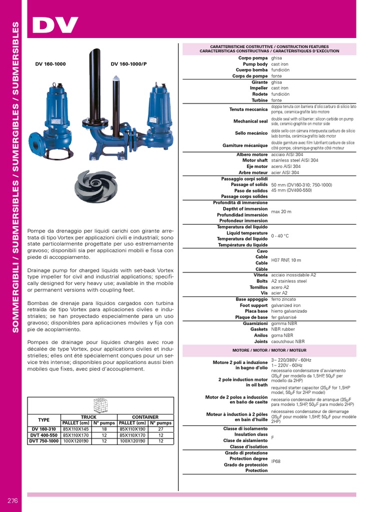 DVT 550 5.5 HP Trif. 220V PENTAX - BOMBA SUMERGIBLE CUARTO DE BOMBAS | PDF