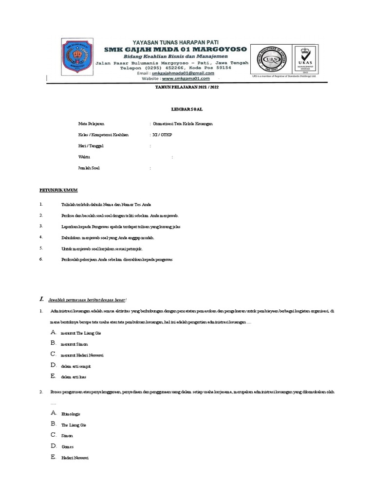 LEMBAR SOAL OTK KEUANGAN PTS GASAL 2022-2023 Share | PDF