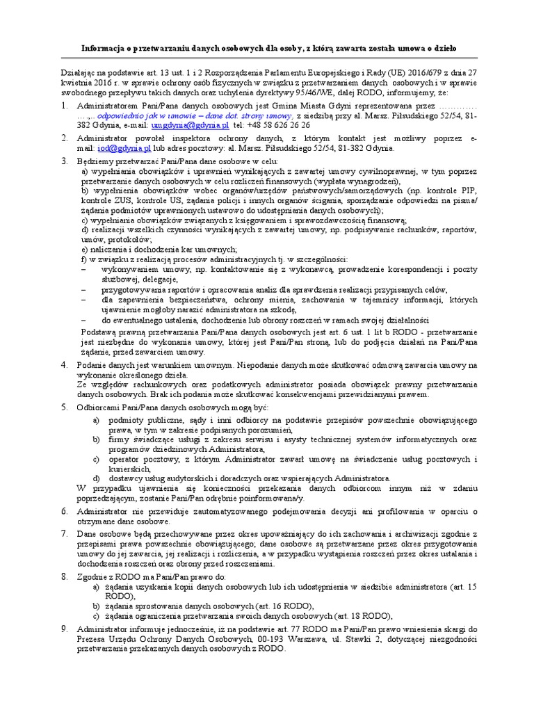 RODO Klauzula Umowa o Dzieło | PDF