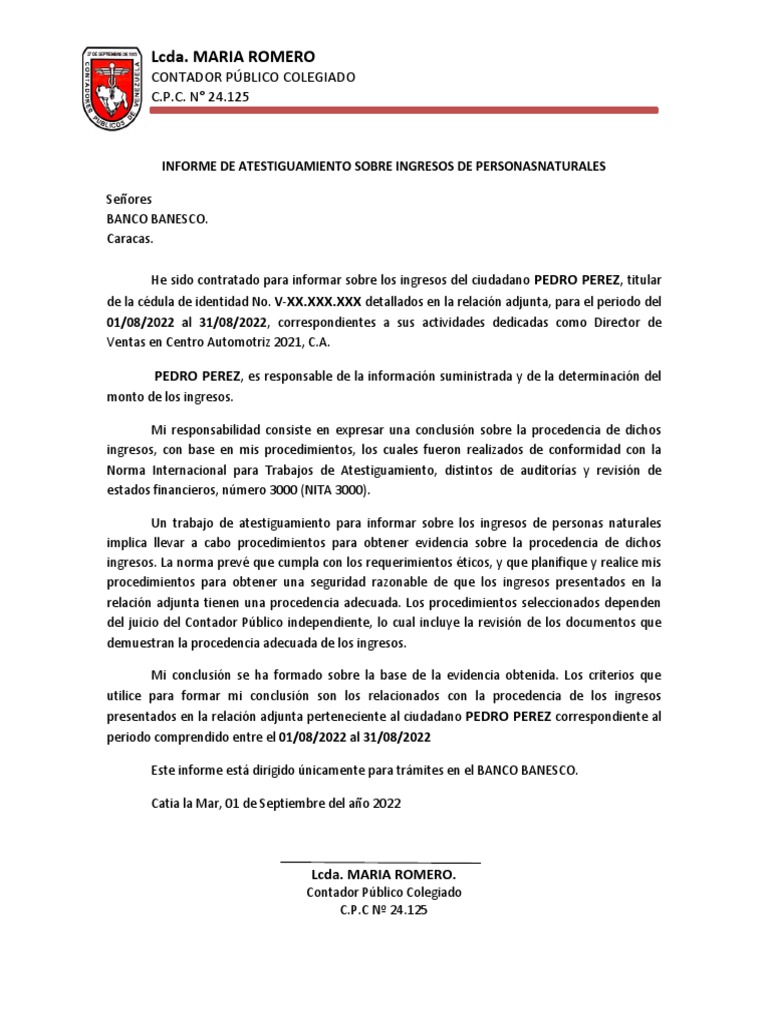 Informe Certificacion de Ingresos PN | PDF | Contador