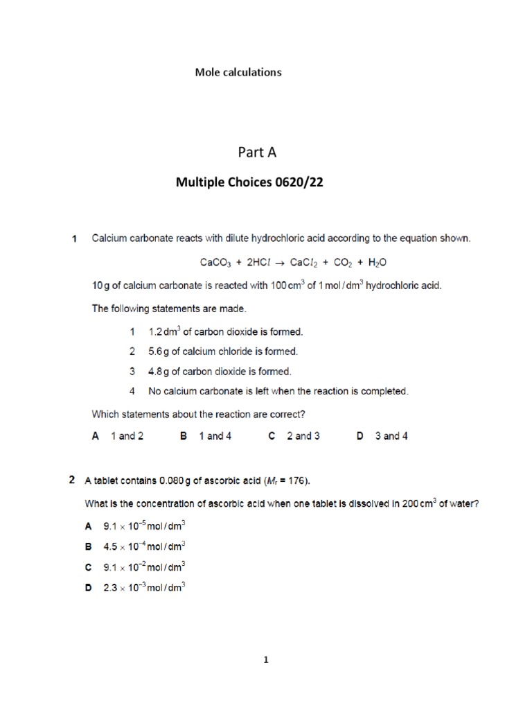 Mole-Calculations Chemistry Past Paper 0620 | PDF