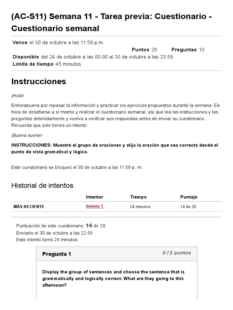 (AC-S11) Week 11 - Pre-Task - Quiz - Weekly Quiz - INGLES IV (24284) | PDF