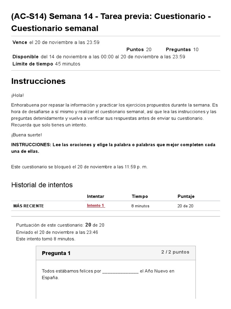 (AC-S14) Week 14 - Pre-Task - Quiz - Weekly Quiz - INGLES IV (24284) | PDF