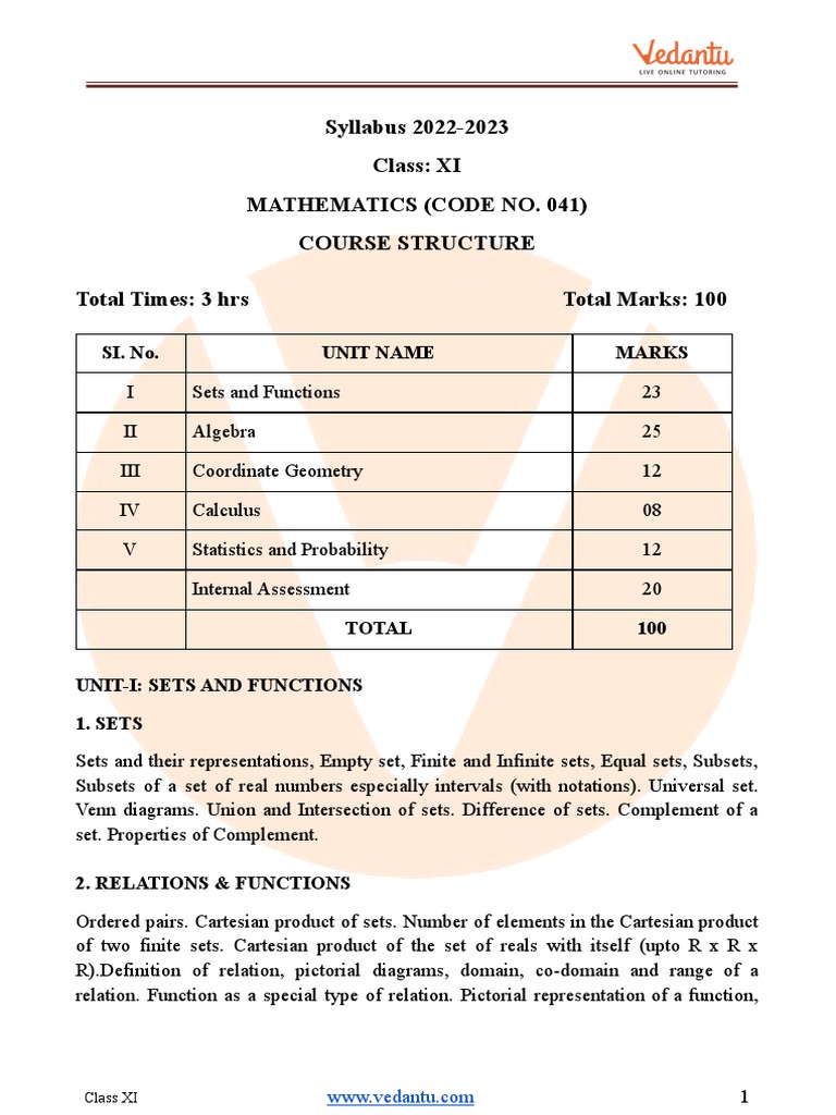 CBSE Syllabus For Class 11 Maths 2022-23 (Revised) PDF Download | PDF | Function (Mathematics ...