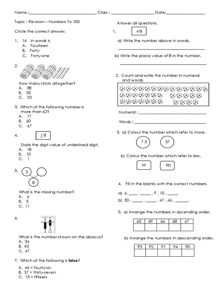 Revision 1 - Mathematics Year 1 (Numbers Up To 100) | PDF