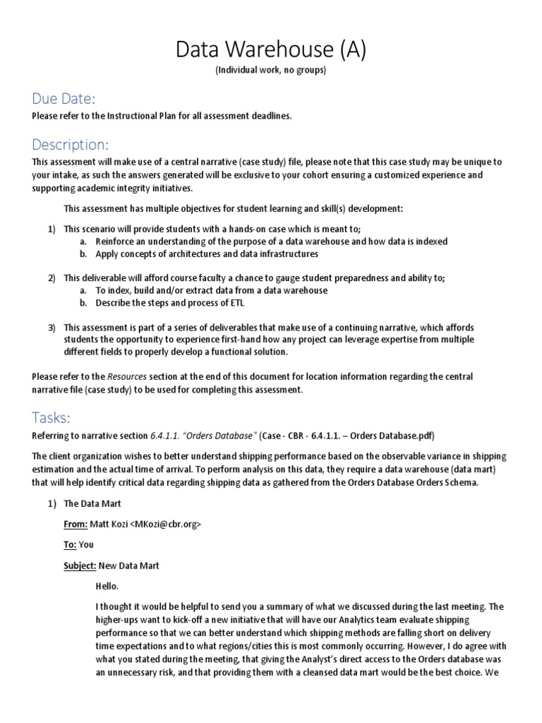 Assessment - Data Warehouse - 6.4.1.1. - Ver 1.0a - Individual | PDF | Data Warehouse | Data