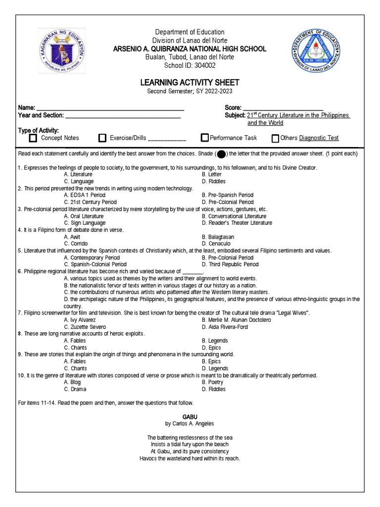 21st Century Literature Diagnostic Test | PDF | Poetry | Racism 21st Century Literature Diagnostic Test | PDF | Poetry | Racism
